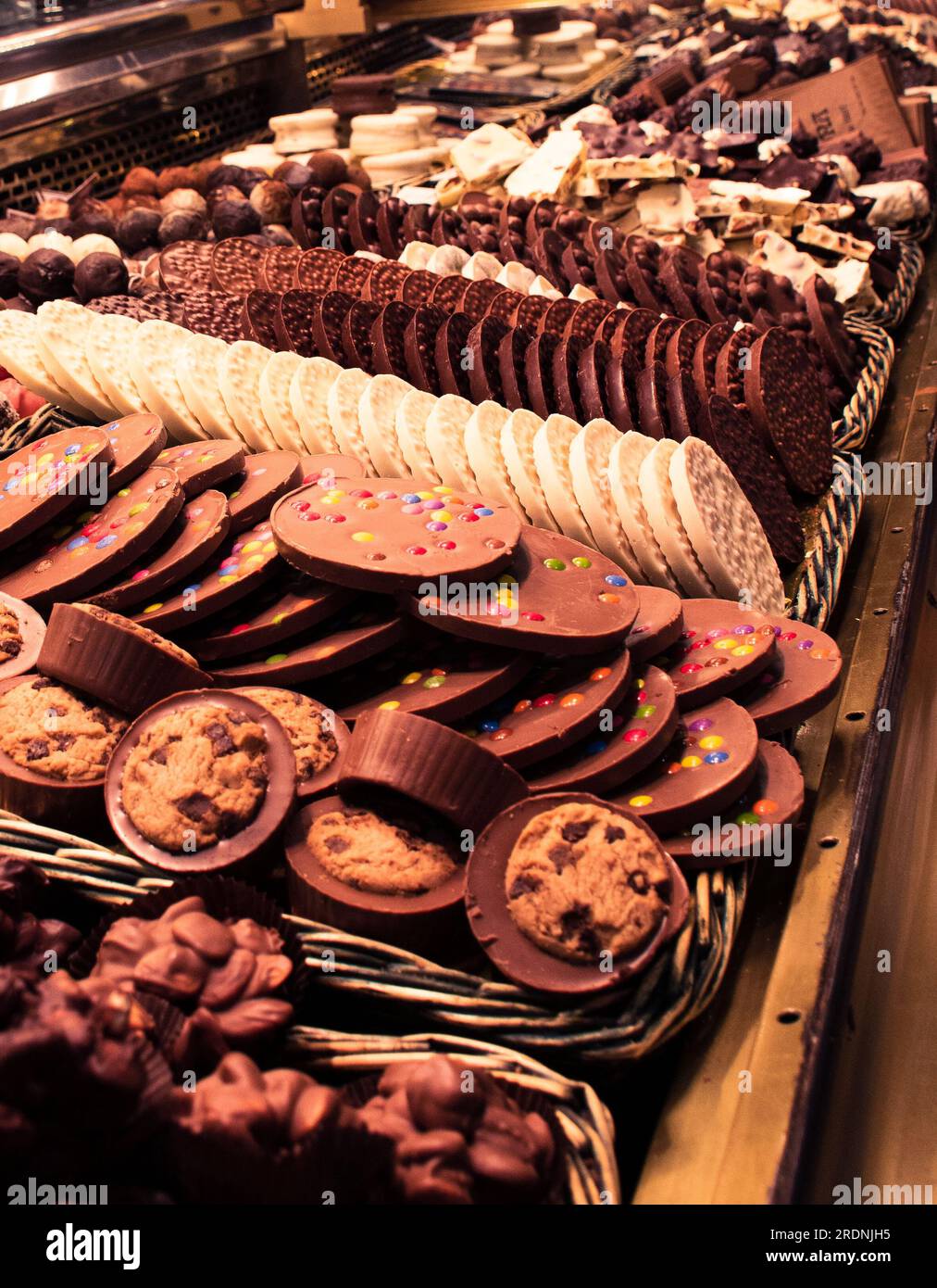 Selection of chocoloate cookies at the market La Boqueria in Barcelona ...