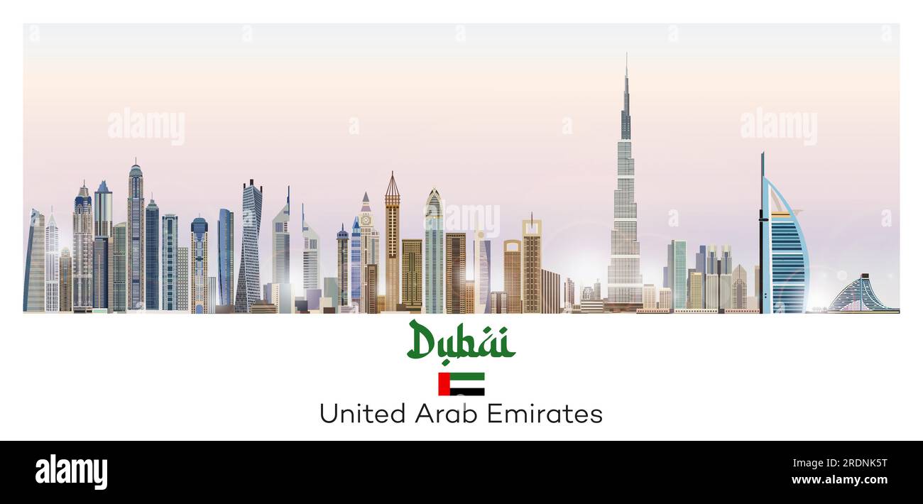 Dubai skyline in bright color palette vector illustration Stock Vector ...