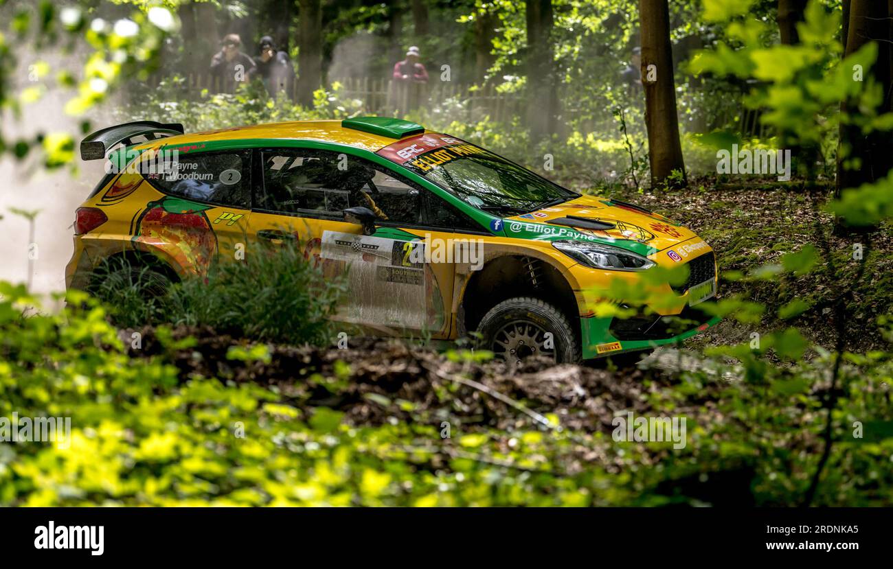 Goodwood, UK. 16th July, 2023. Ford Fiesta R5 takes to the Rally stages ...
