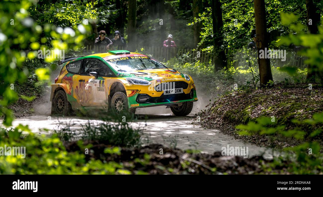 Goodwood, UK. 16th July, 2023. Ford Fiesta R5 takes to the Rally stages ...