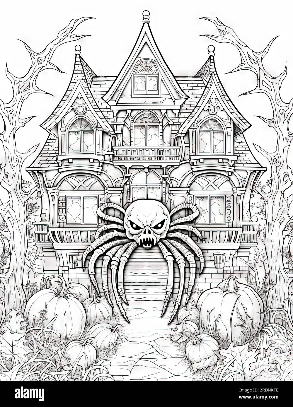 Halloween theme colouring page with a spider and house as the subject ...