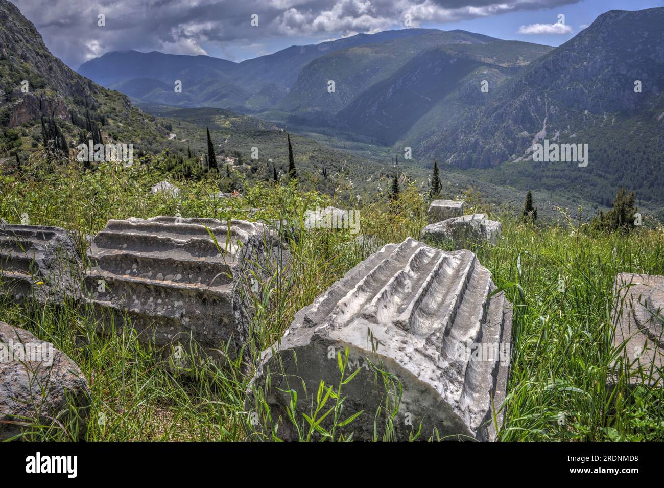 Broken columns at the ancient ruins of the Apollo temple in Delphi ...