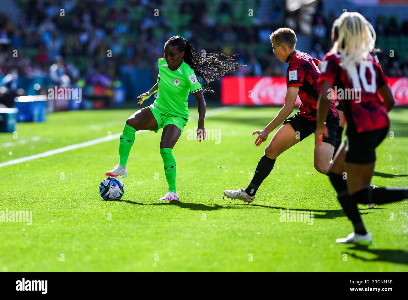 Toni Payne (No.7) (L) of Nigeria and Ashley Lawrence (No.10) (R) are ...