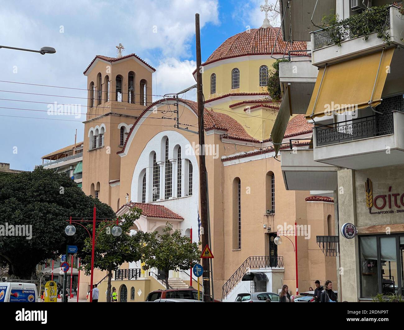Urban view of Taxiarches church in Kalamata, Greece. It is the largest ...