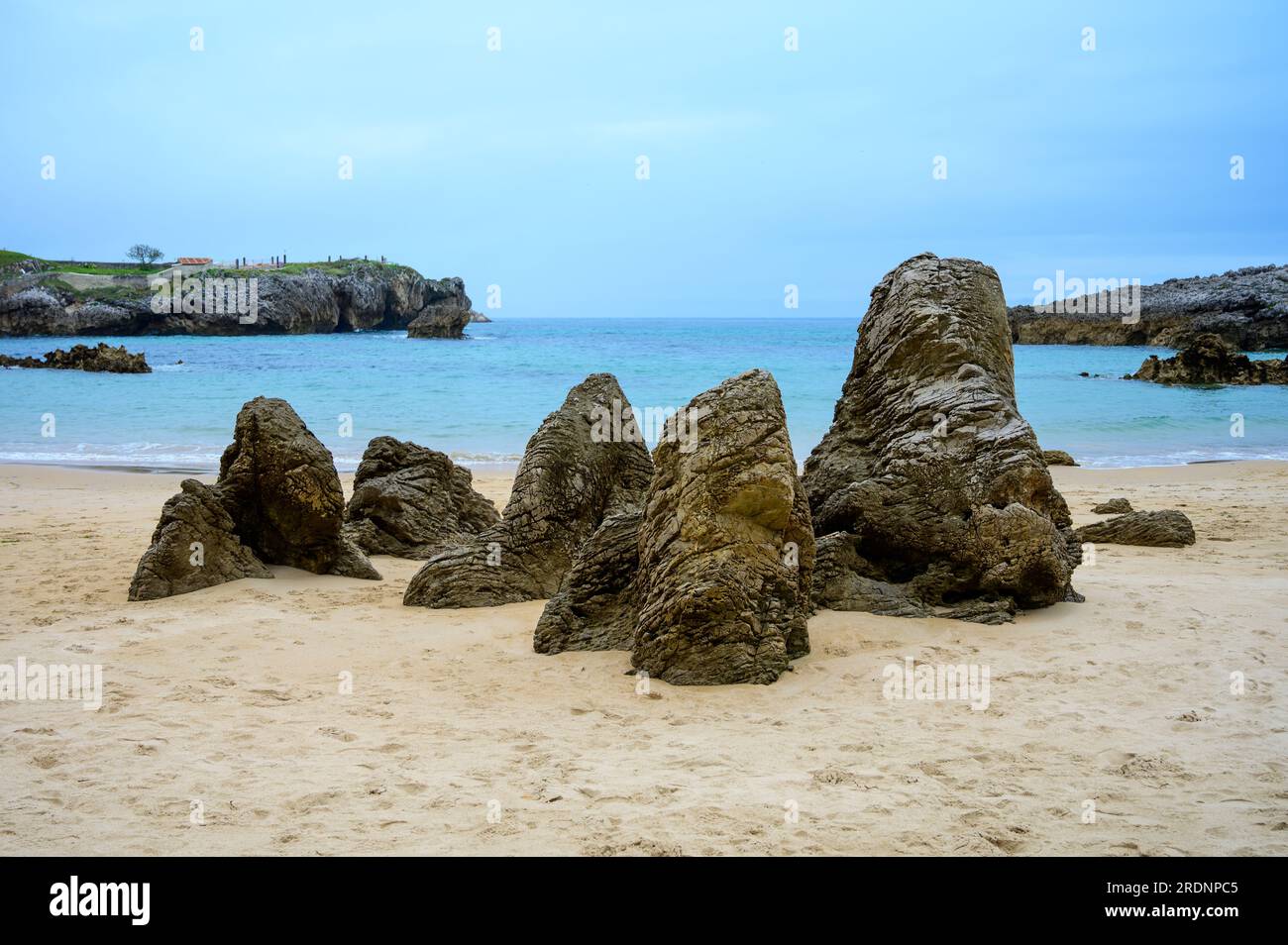 View on rocks on Playa de Toro in Llanes, Green coast of Asturias ...