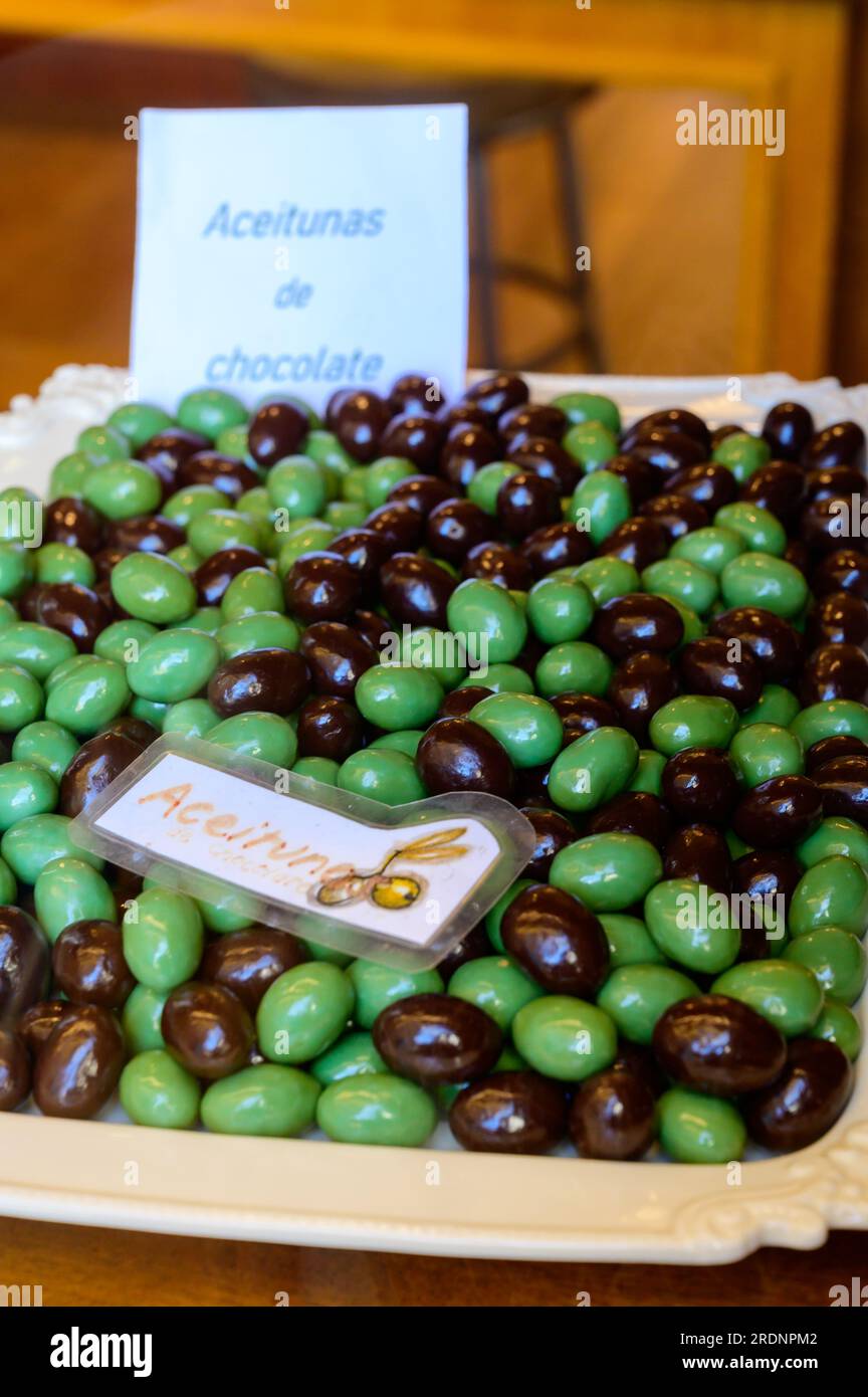 Sweet fruit candy beads in artisan Spanish confectionery shop, english ...