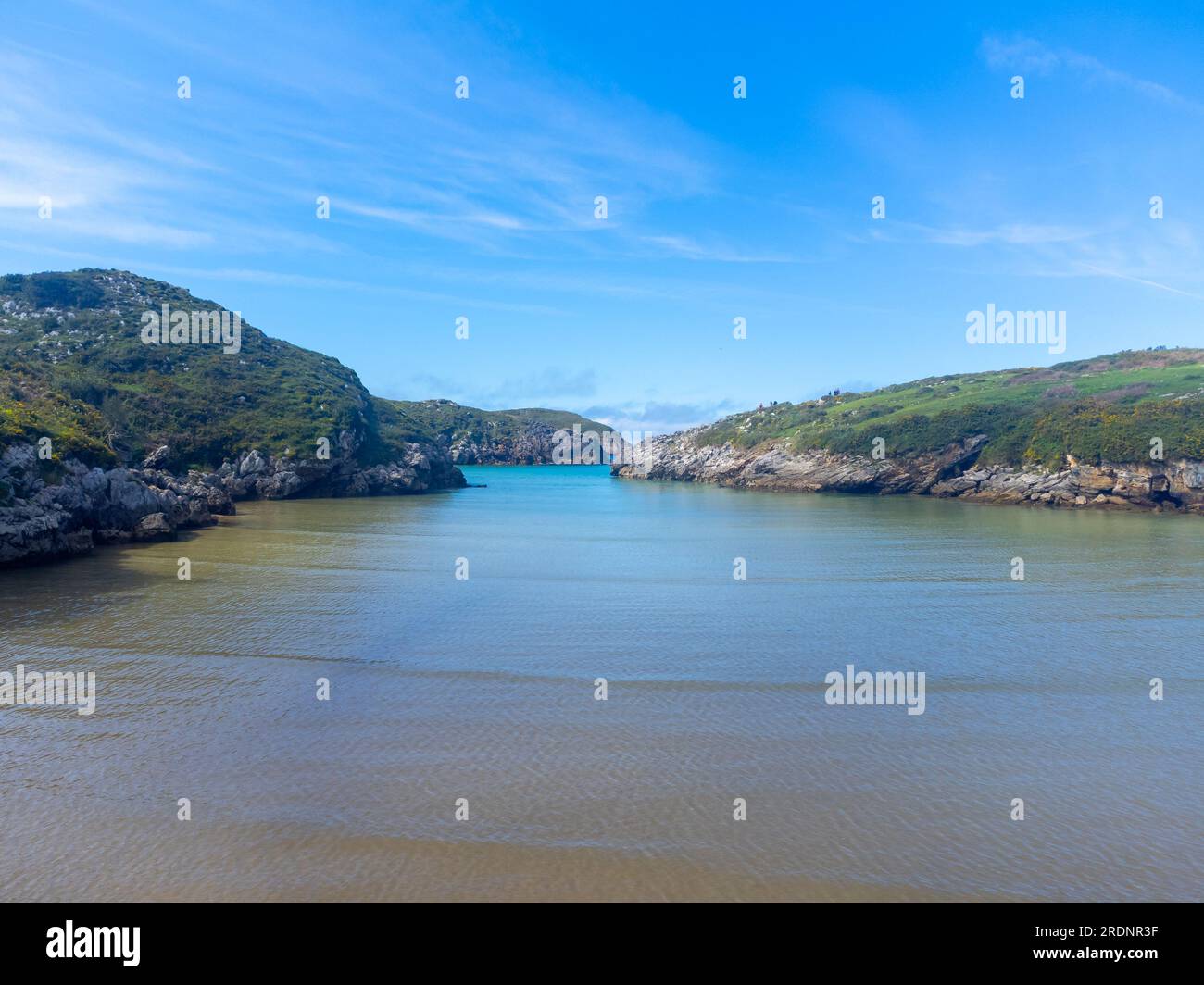 Aerial view on Playa de Poo during low tide near Llanes, Green coast of ...