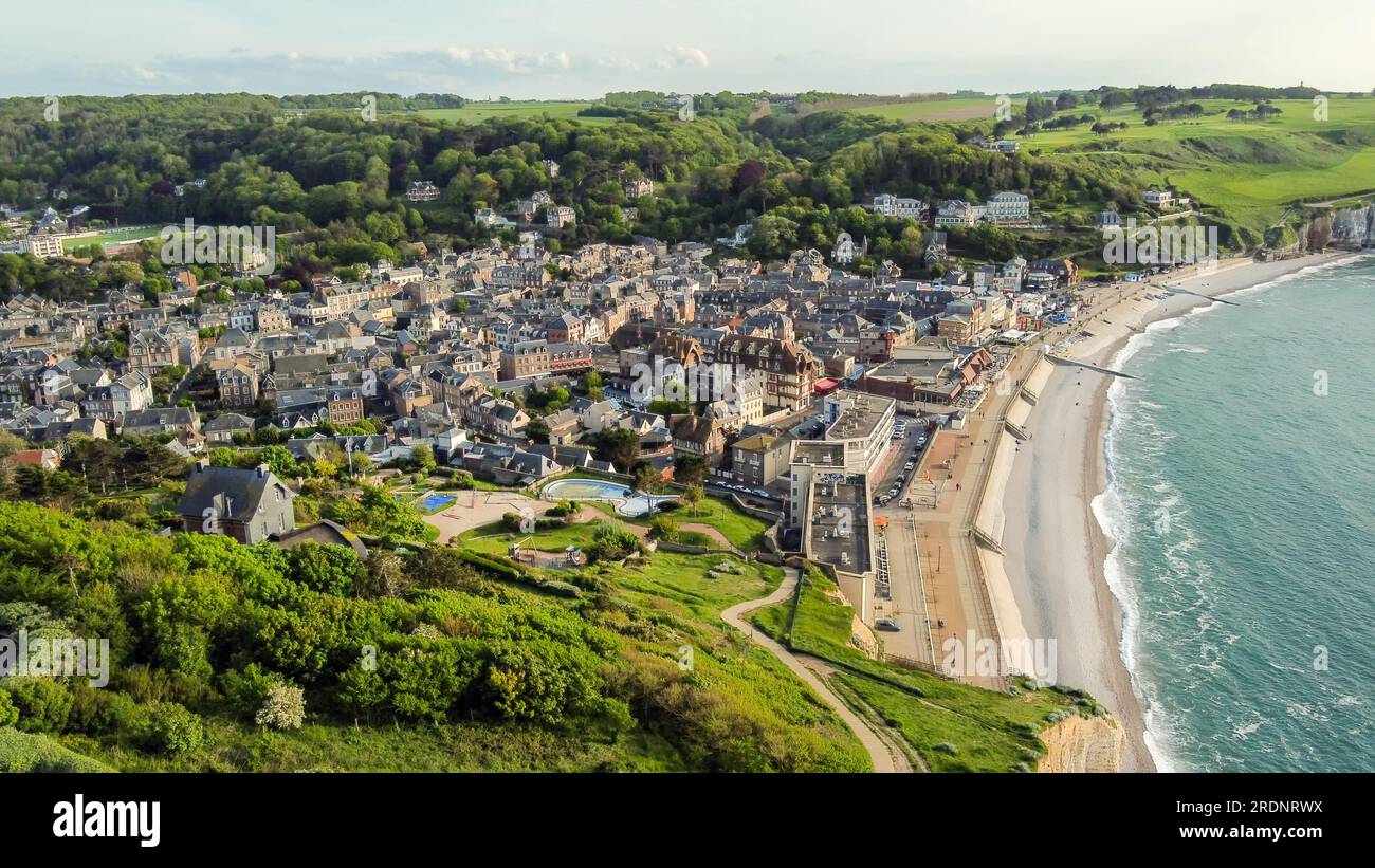 Aerial view on Etretat village in Normandy and beach and water of ...
