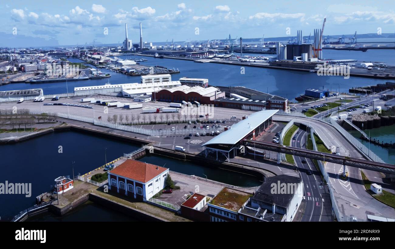 Aerial view of port of le Havre with plant pipes and oilstarages and ...