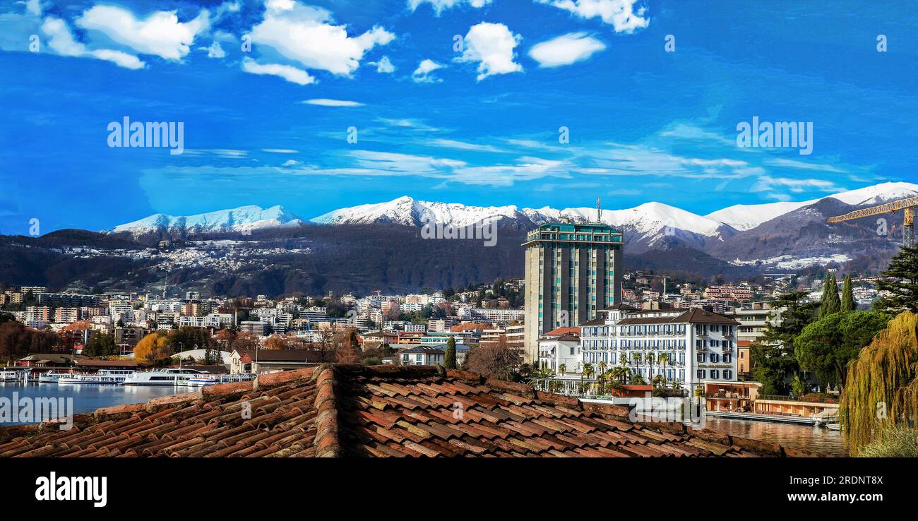 Amazing sunny winter view of Lugano with snow-capped foresty mountains ...