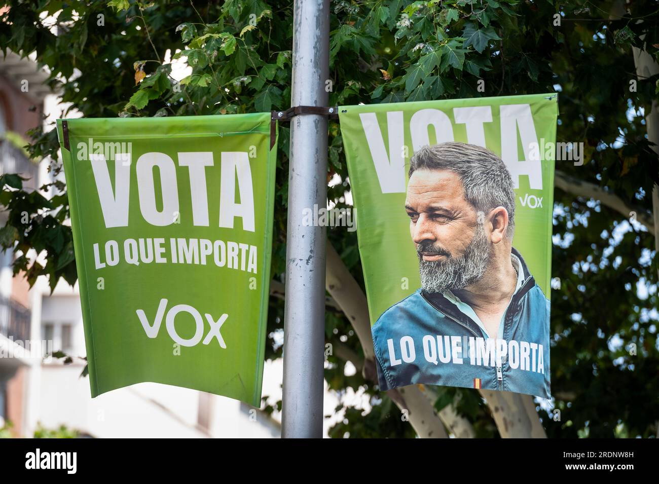 Madrid, Spain. 21st July, 2023. A banner showcasing Santiago Abascal ...