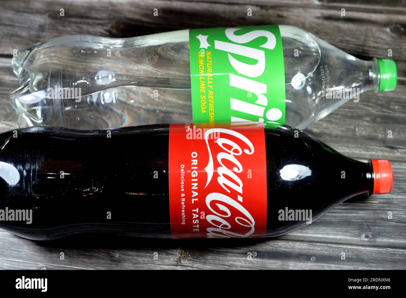 Cairo, Egypt, July 18 2023: lemon-lime soda Sprite and coca cola drink ...