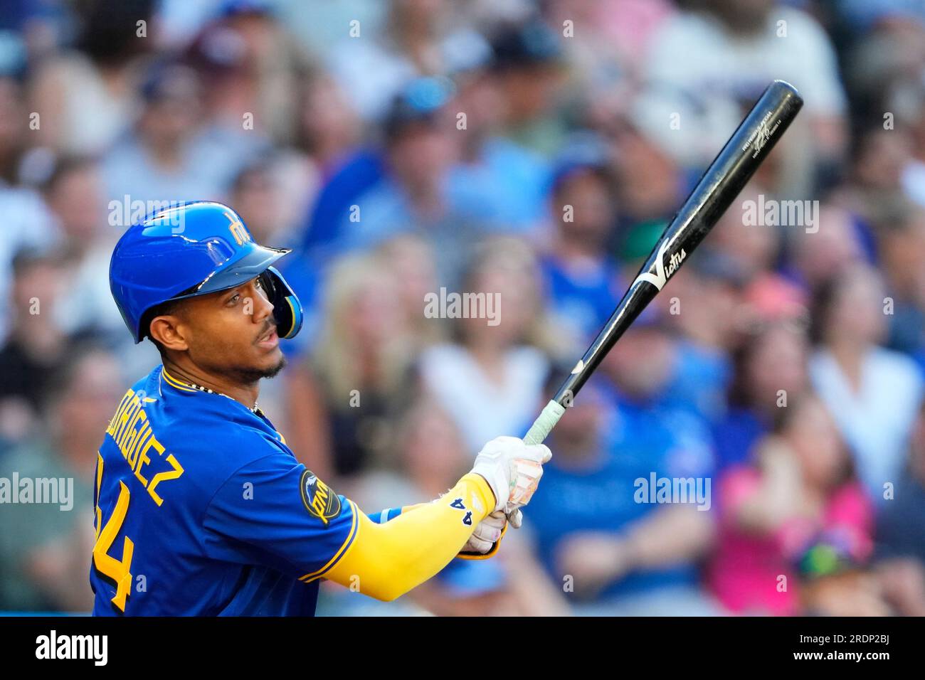 Seattle Mariners' Julio Rodriguez swings at a pitch while facing the ...