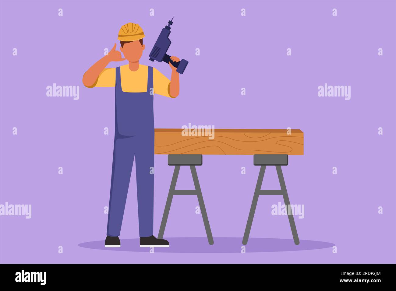 Graphic flat design drawing carpenter standing with drill and call me ...