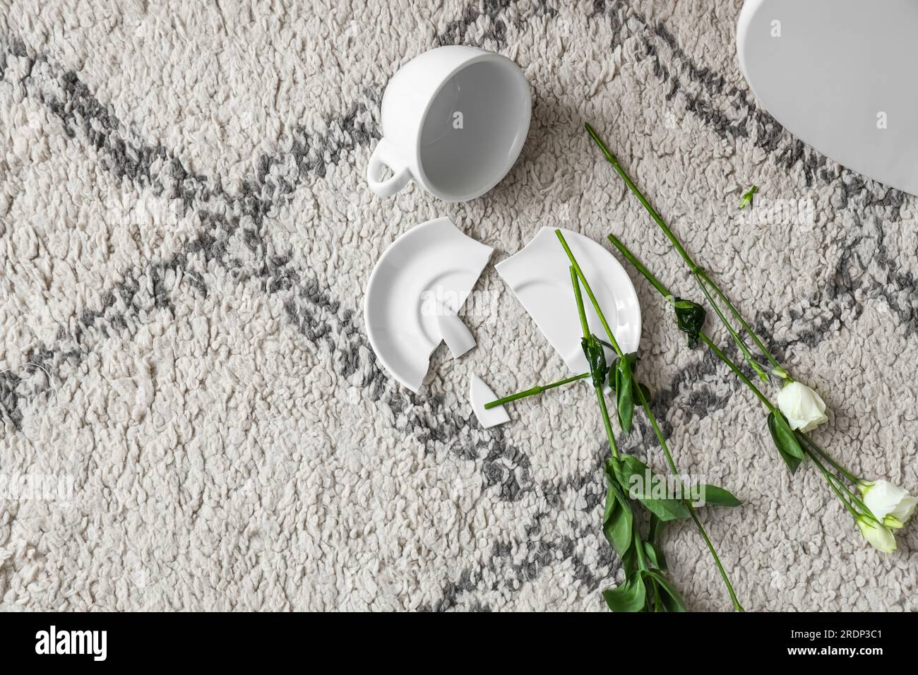 Broken plate with fallen bowl and flowers on carpet in messy room Stock ...