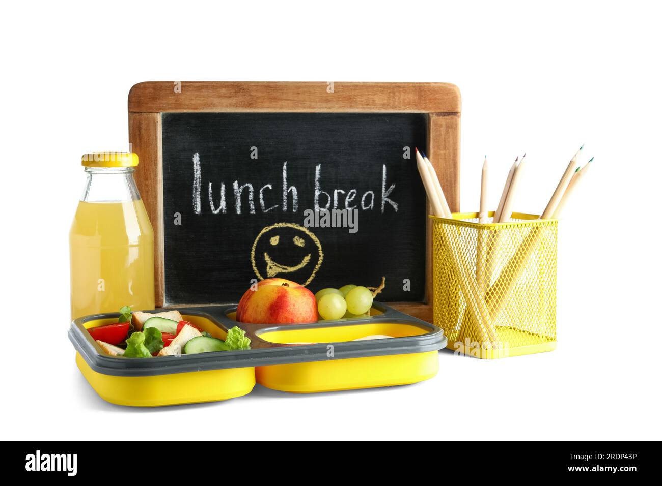 Stationery, blackboard with text LUNCH BREAK and delicious food in ...