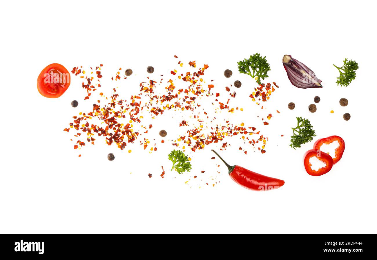 Flying spices and vegetables on white background Stock Photo - Alamy