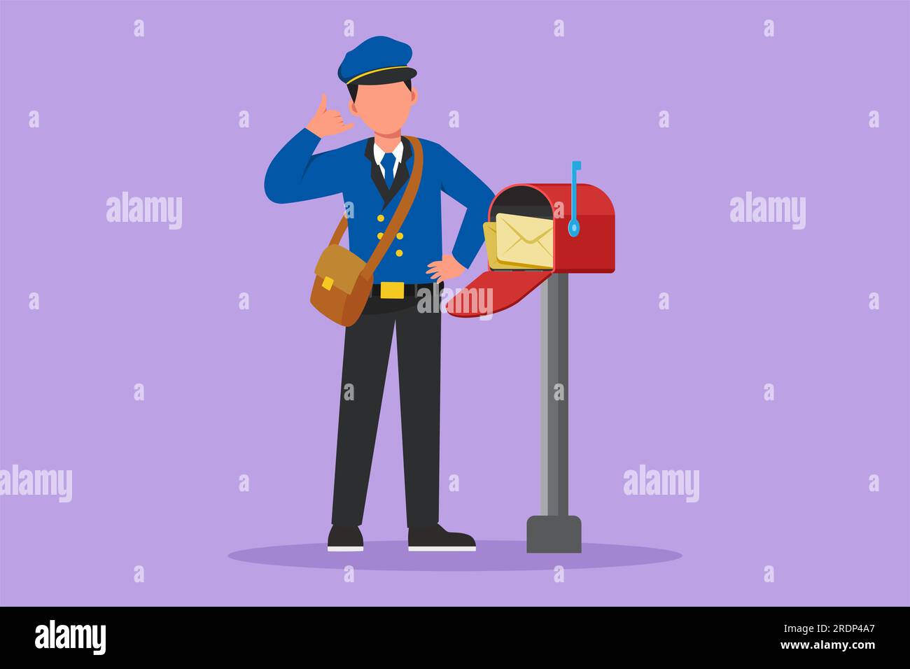 Cartoon flat style drawing active postman with call me gesture standing ...