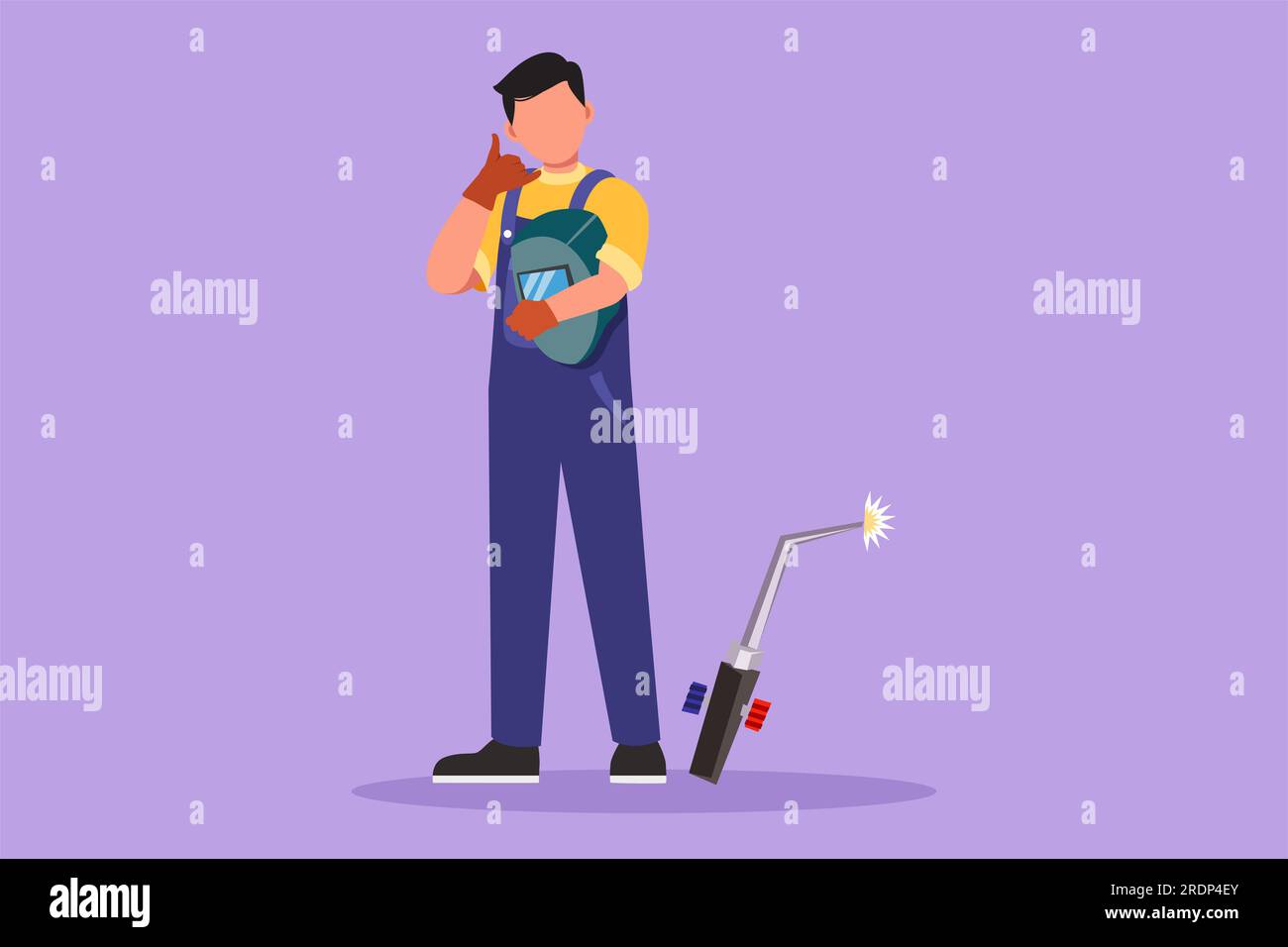 Character flat drawing of male welder standing with call me gesture and ...