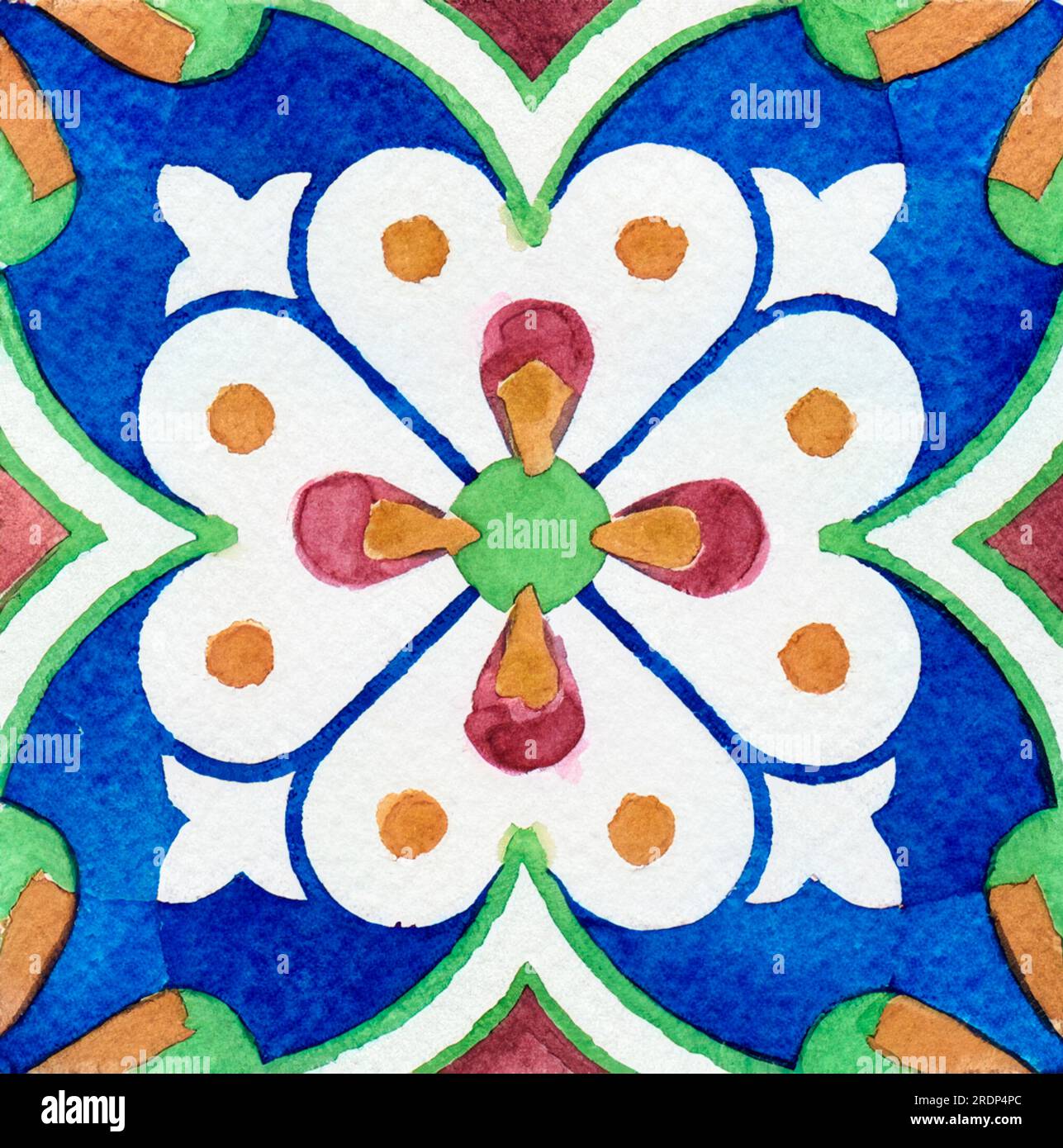 Watercolor illustration of portuguese ceramic tiles pattern. Single ...