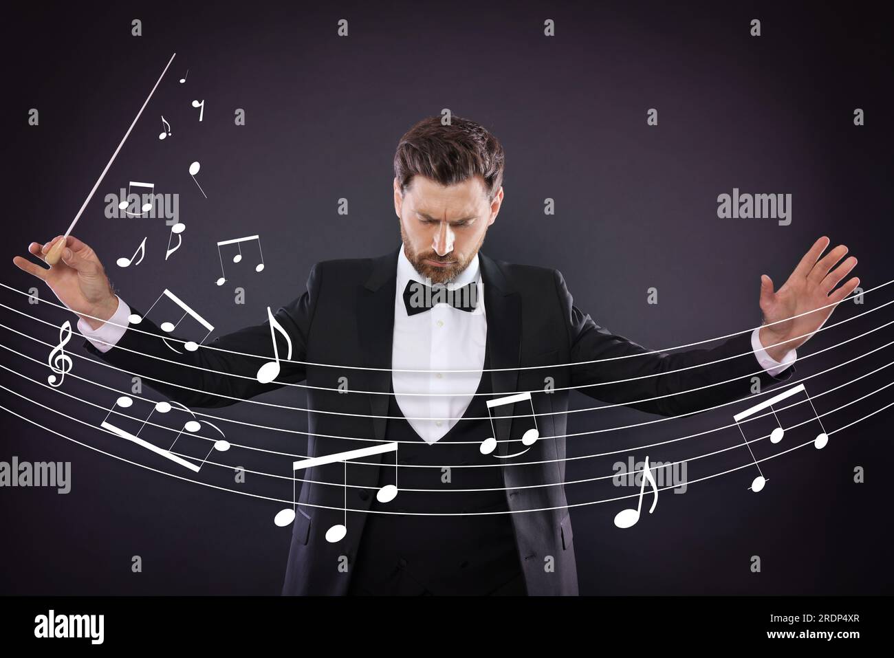Conductor with baton and music notes on dark background Stock Photo - Alamy