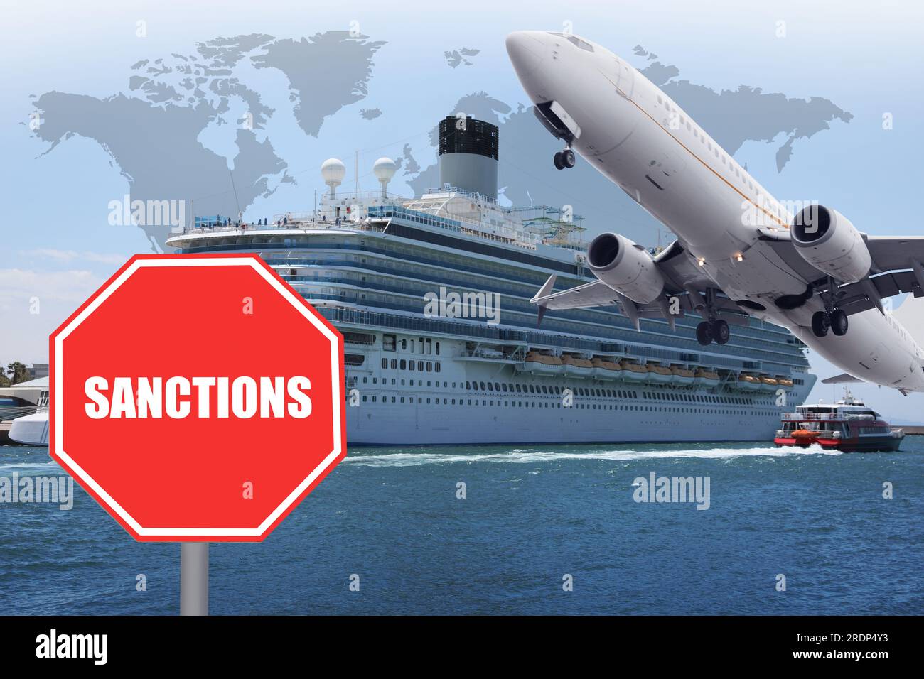 Sanctions and tourism. Stop sign in front of cruise ship and airplane ...