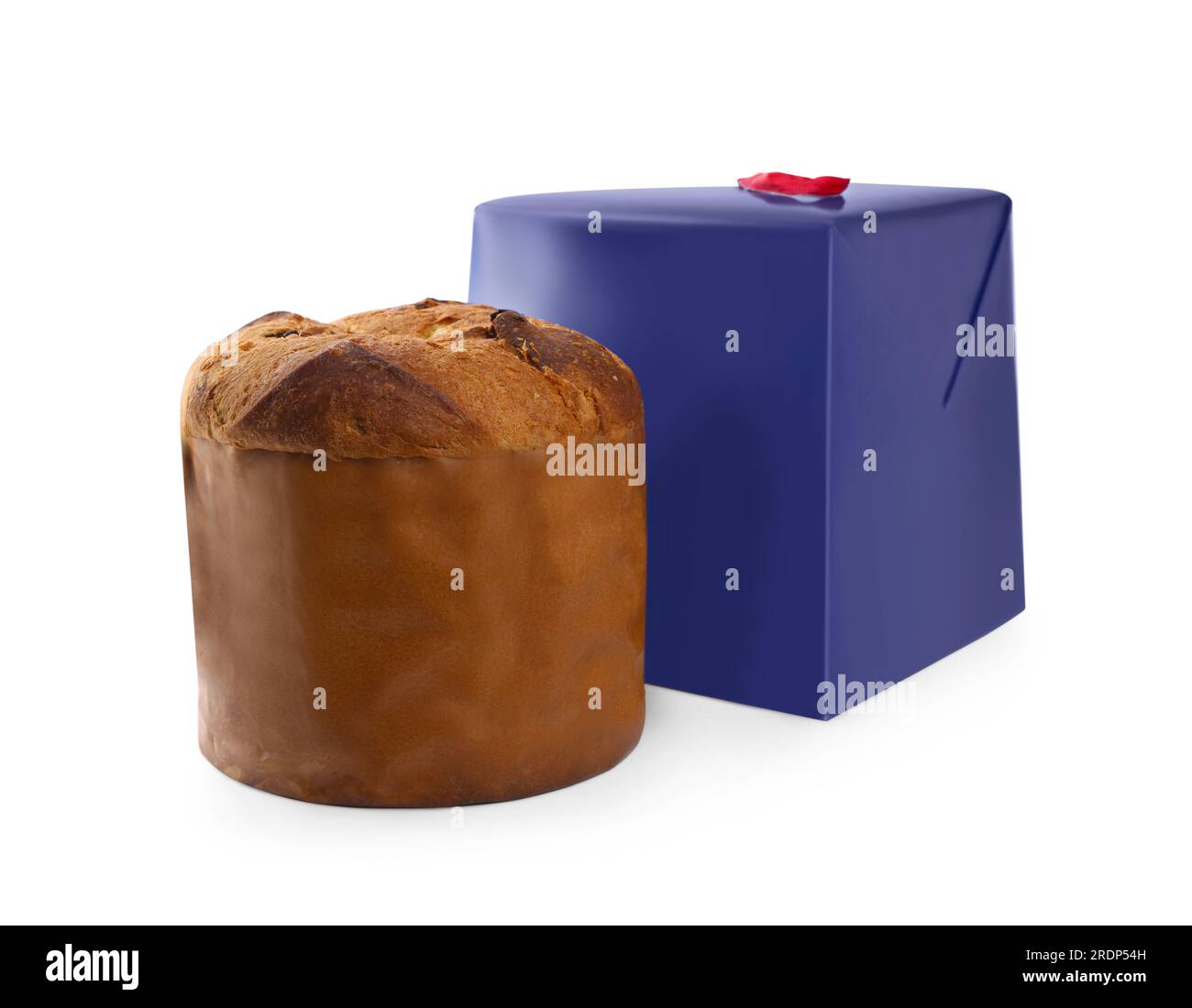 Delicious Panettone cake and box on white background. Traditional ...