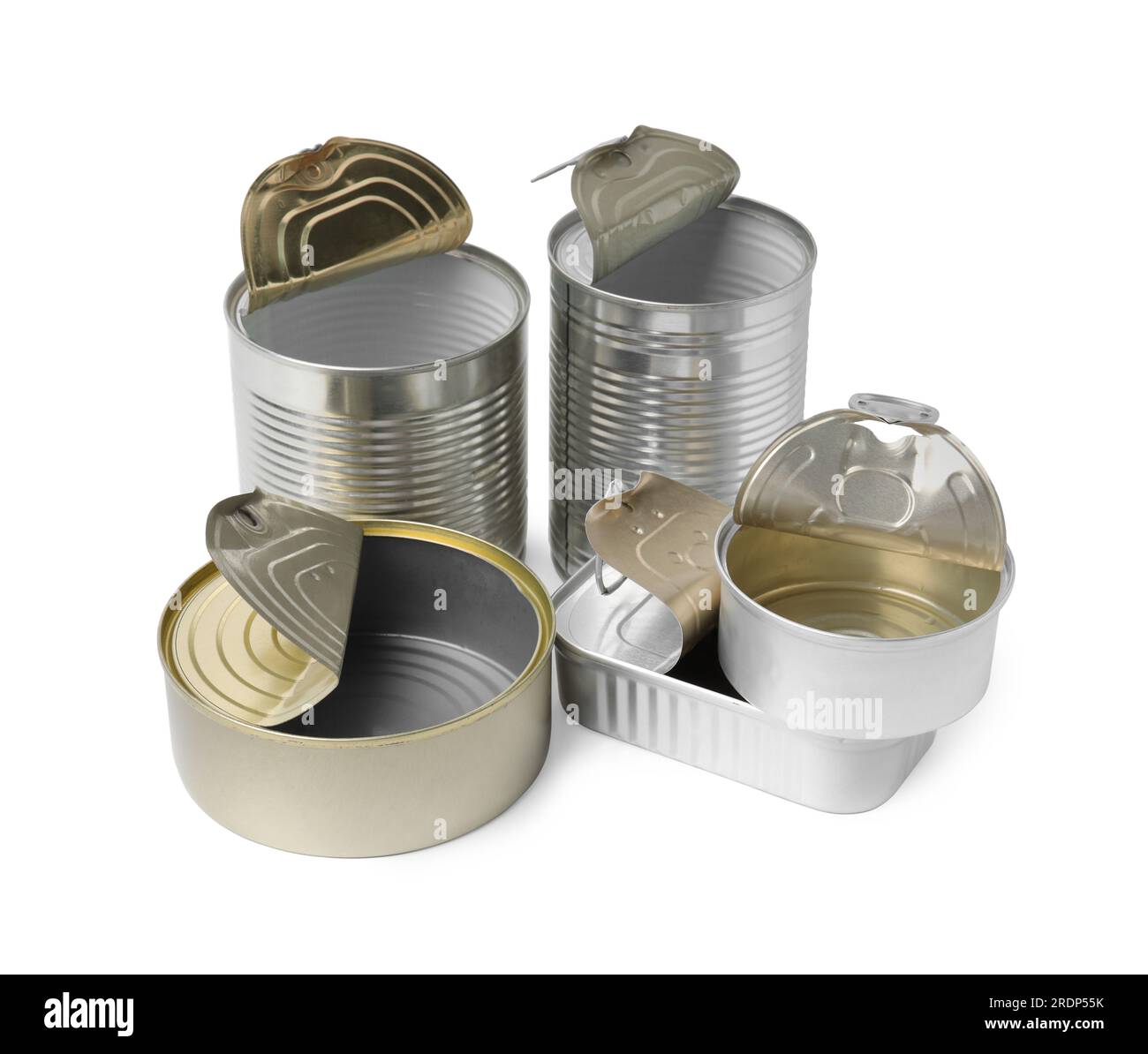 Many open tin cans isolated on white Stock Photo - Alamy