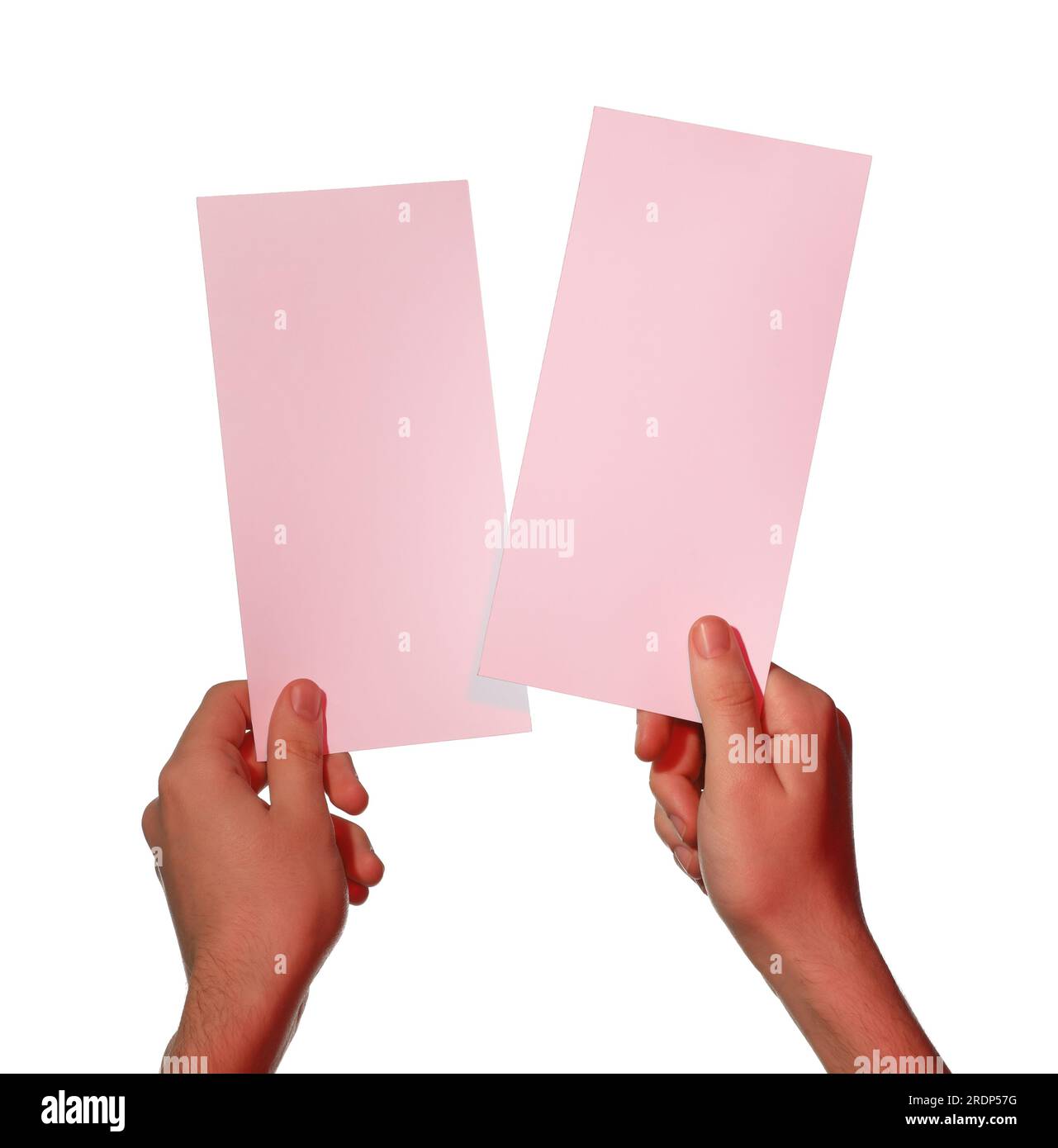 Man holding flyers on white background, closeup and space for text ...