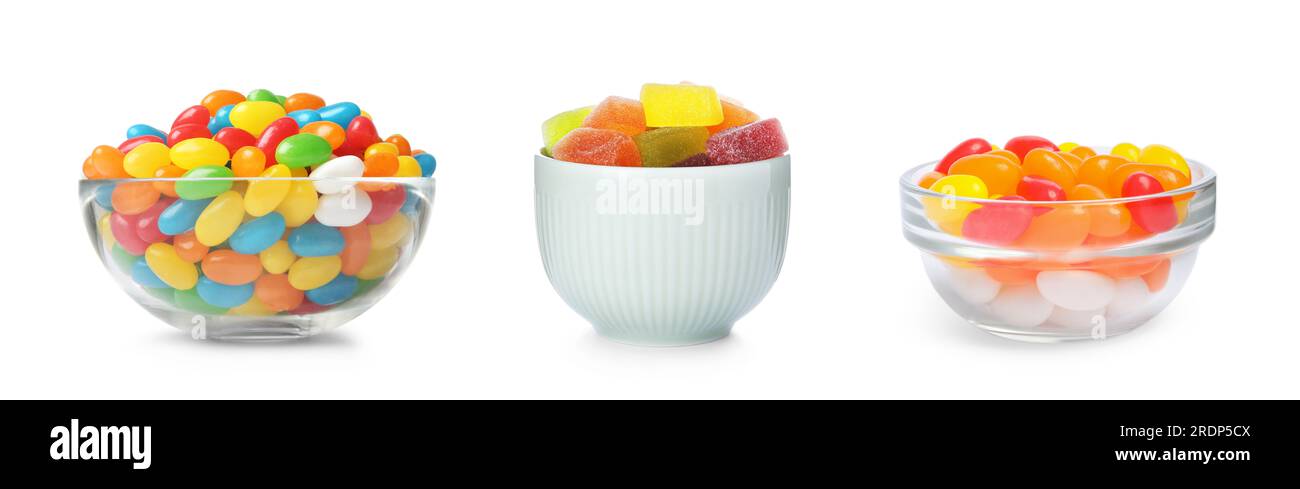Set of different sweet candies in bowls isolated on white Stock Photo ...