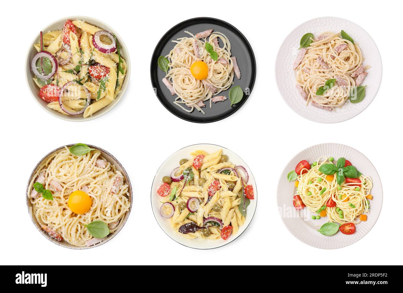 Set of different pasta dishes isolated on white, top view Stock Photo ...
