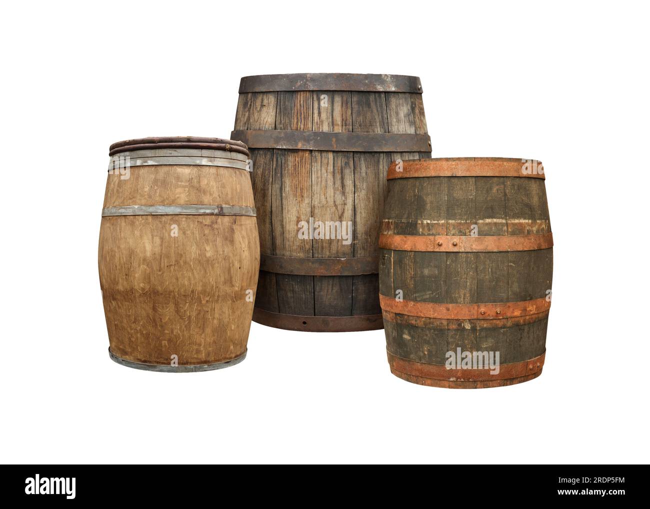 Many different wooden barrels on white background Stock Photo - Alamy