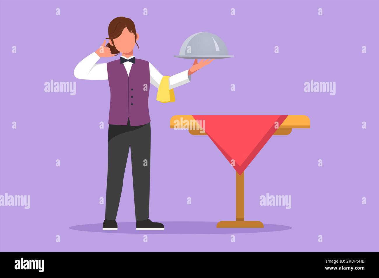 Cartoon flat style drawing waitress standing with call me gesture and ...