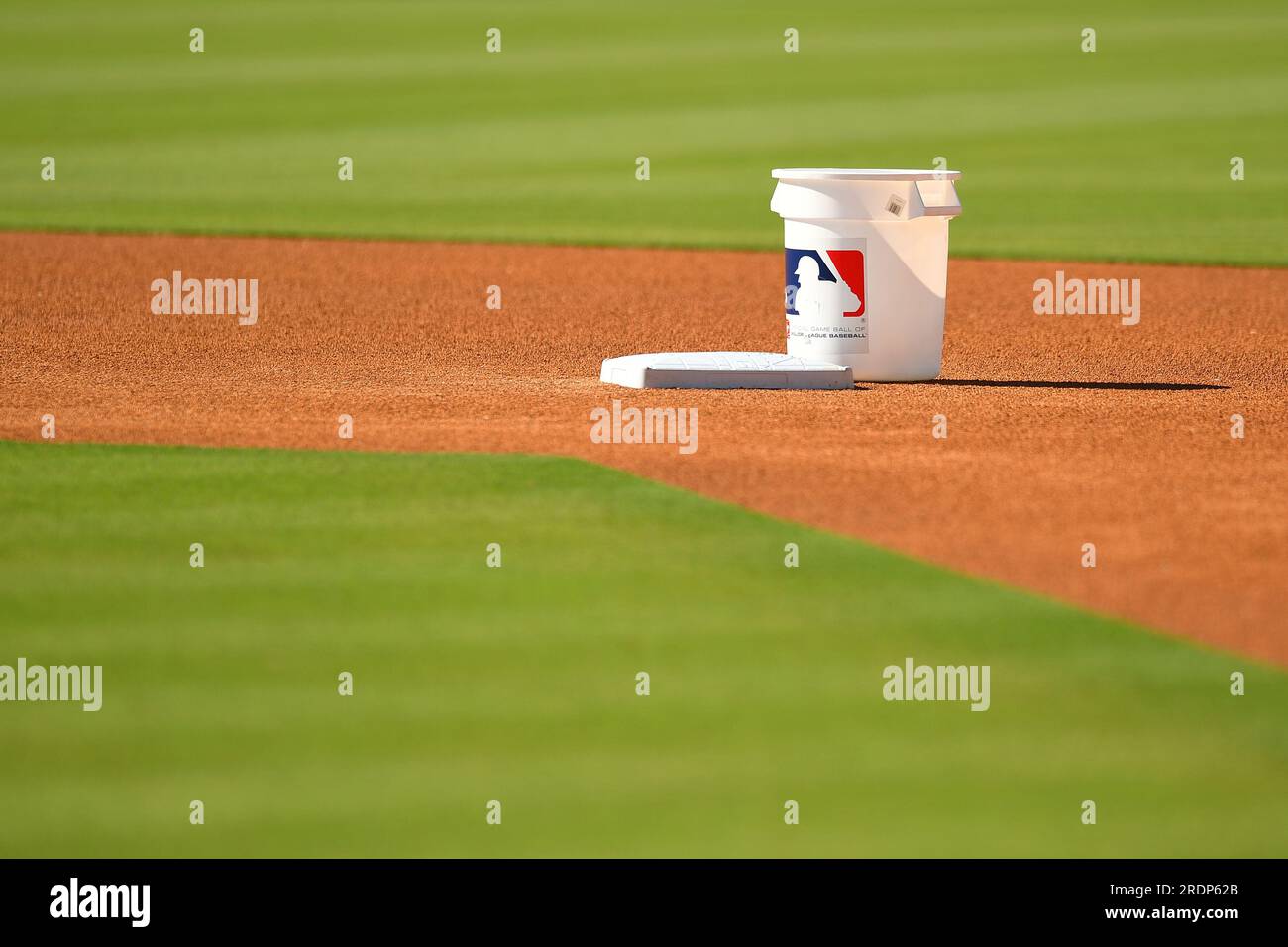 LOS ANGELES, CA - JULY 05: A MLB bucket of baseballs on the field ...