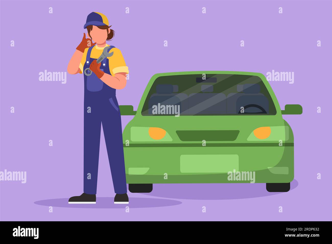 Graphic flat design drawing female mechanic stands in front of car with ...