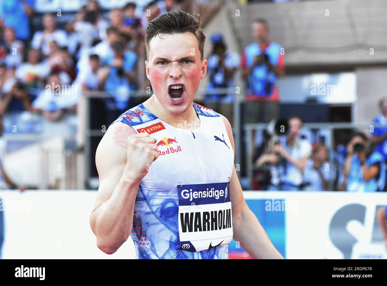 Karsten Warholm (NOR) celebrates after winning the 400m hurdles in 46. ...