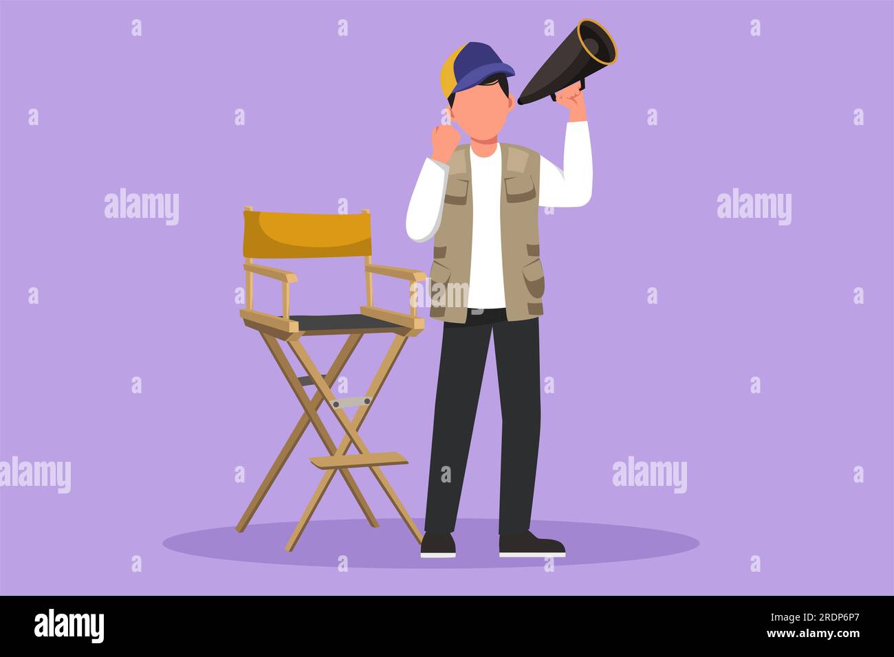 Graphic flat design drawing film director stands and holding megaphone ...