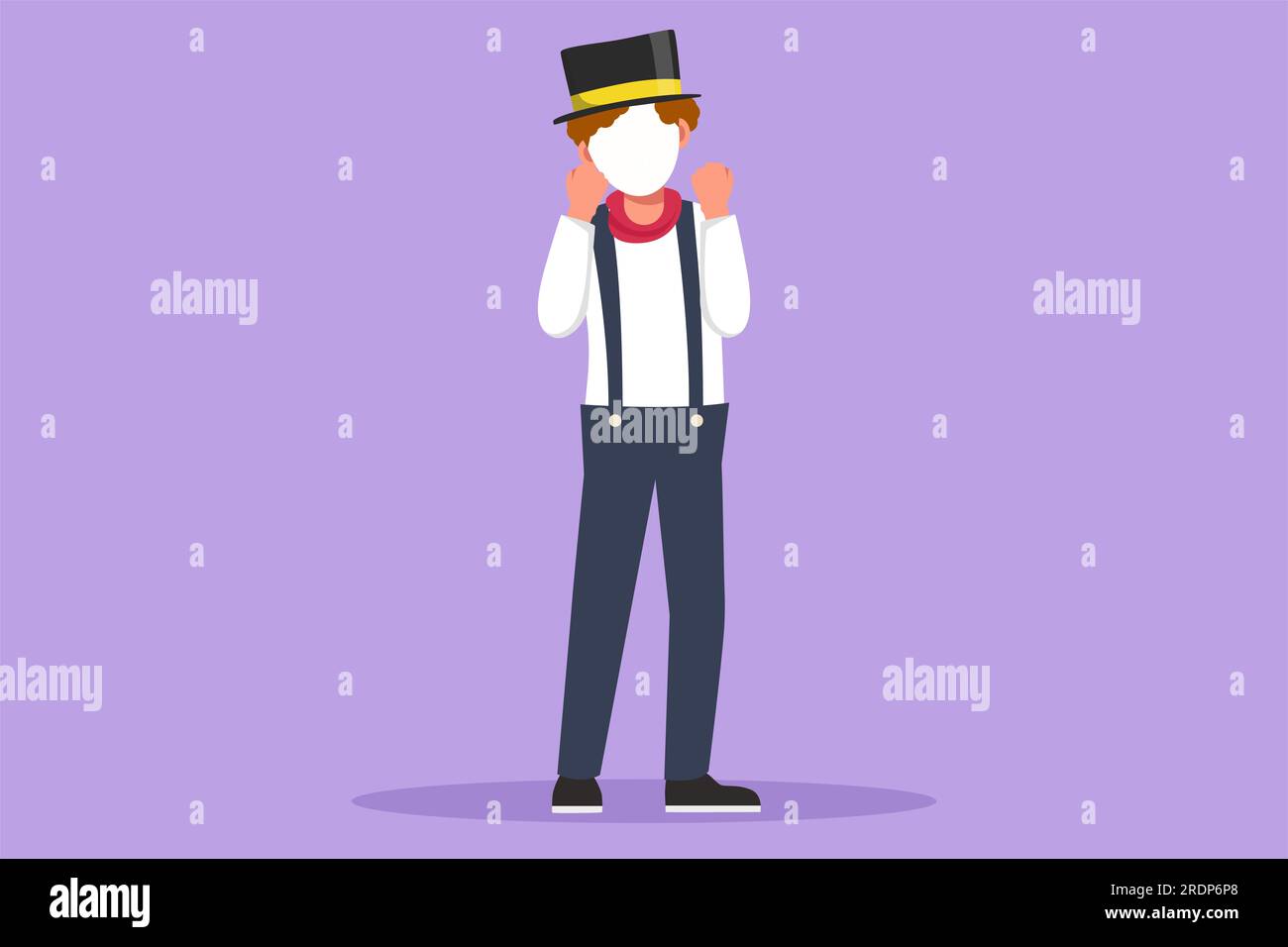 Cartoon flat style drawing mime artist stands with celebrate gesture ...