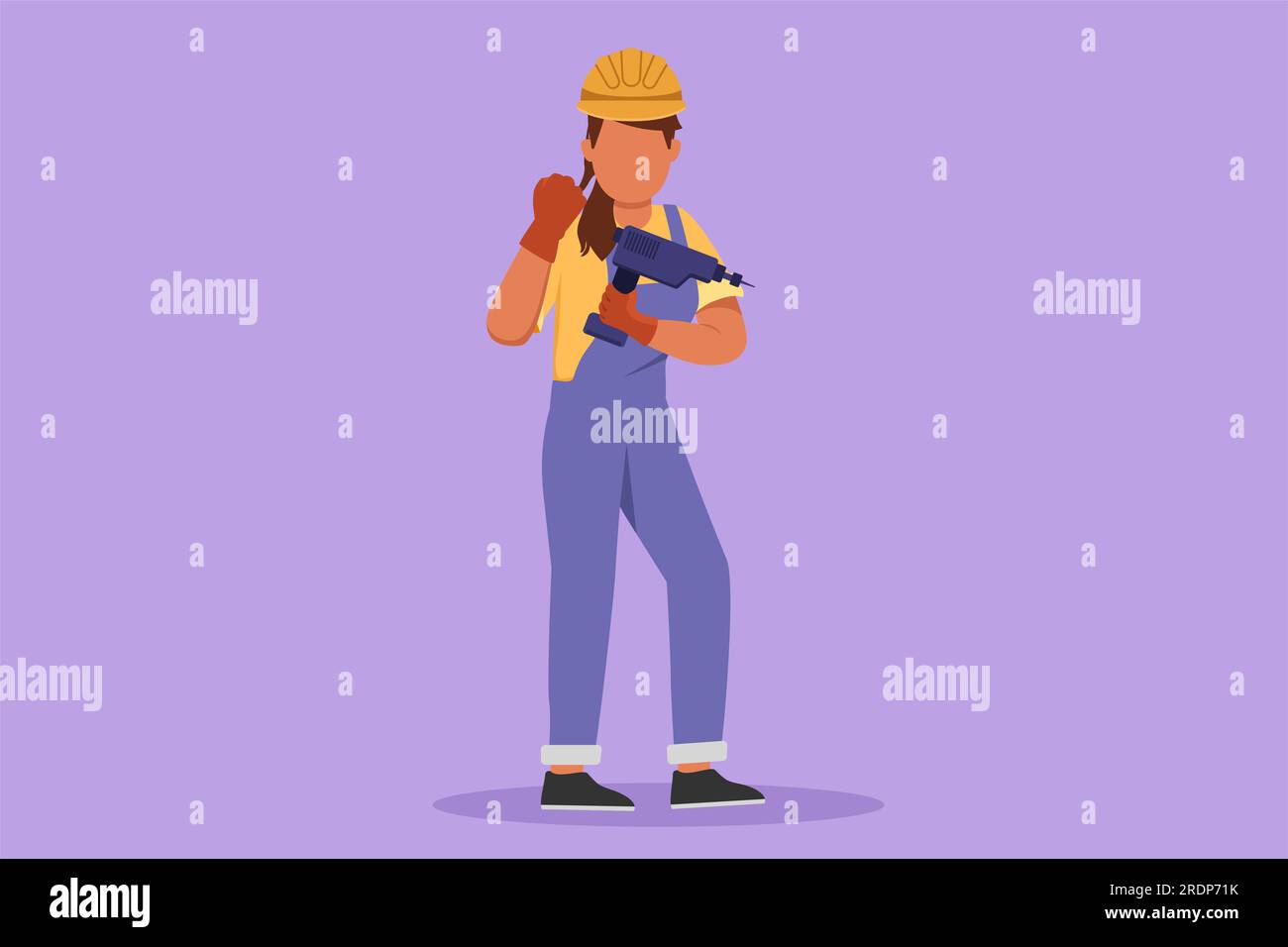Graphic flat design drawing female carpenter standing with drill and ...