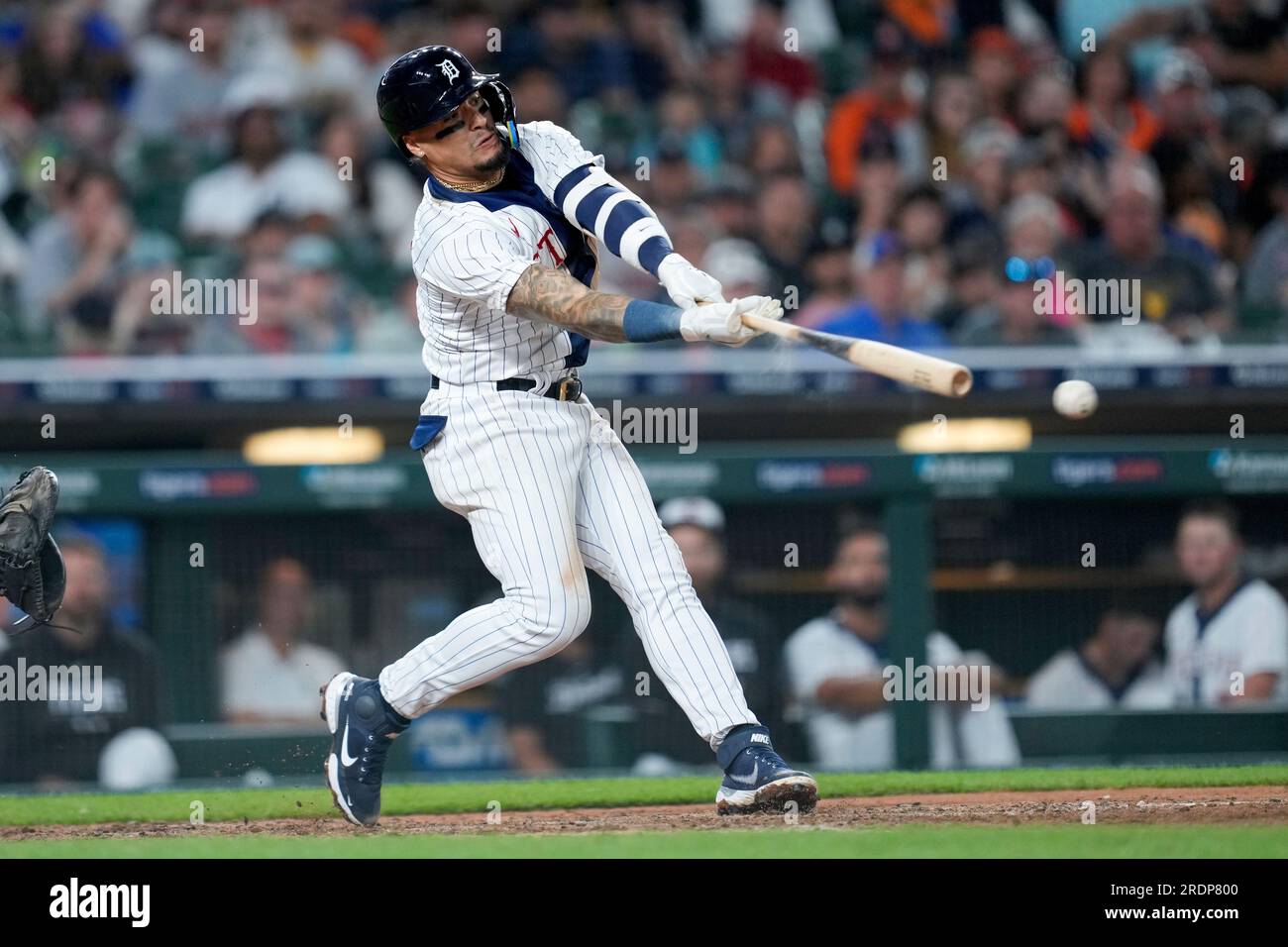 Detroit Tigers' Javier Baez hits a single against the San Diego Padres ...