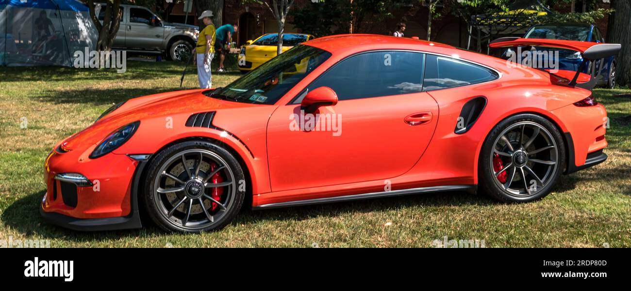 A 2016 orange Porsche 911 on display at a car show in Pittsburgh ...