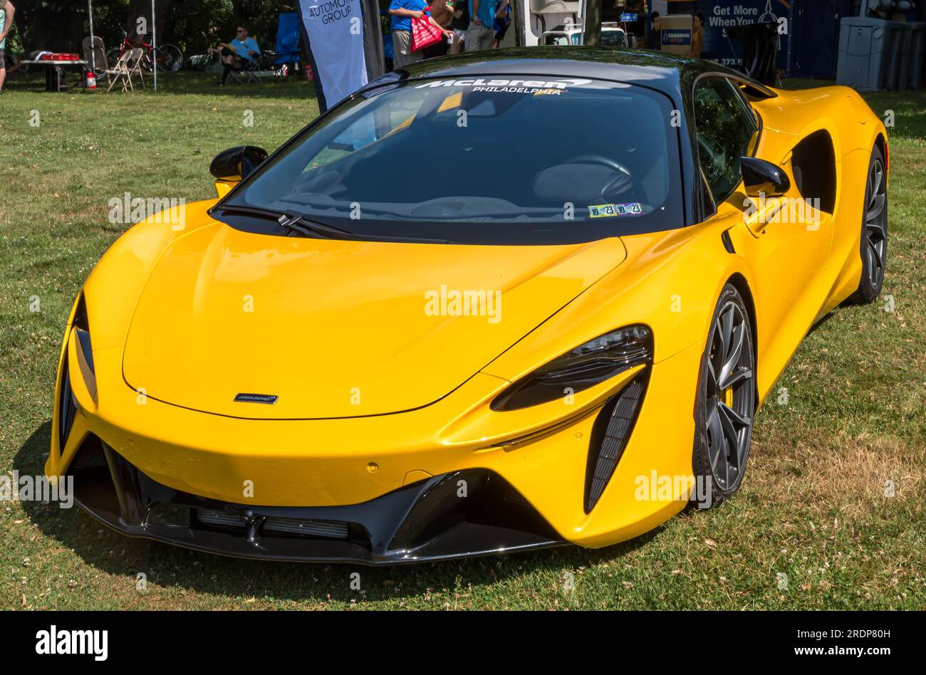 A yellow McClaren on display at a car show in Pittsburgh, Pennsylvania ...
