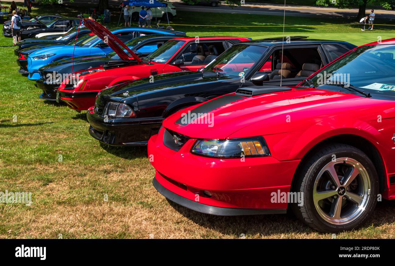A line of Ford Mustangs on display at a car show in Pittsburgh ...