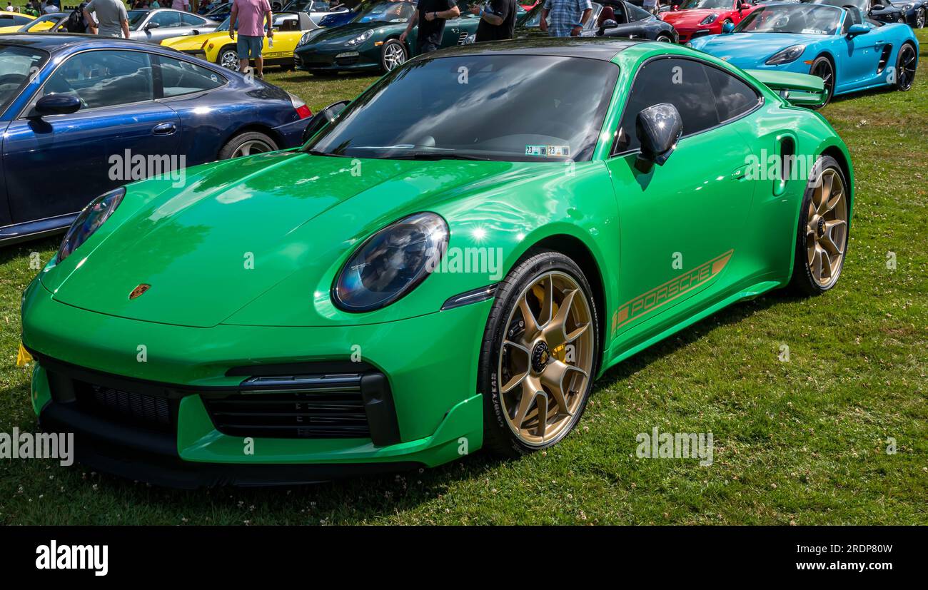 A 2022 Porsche 911 on display at a car show in Pittsburgh, Pennsylvania ...