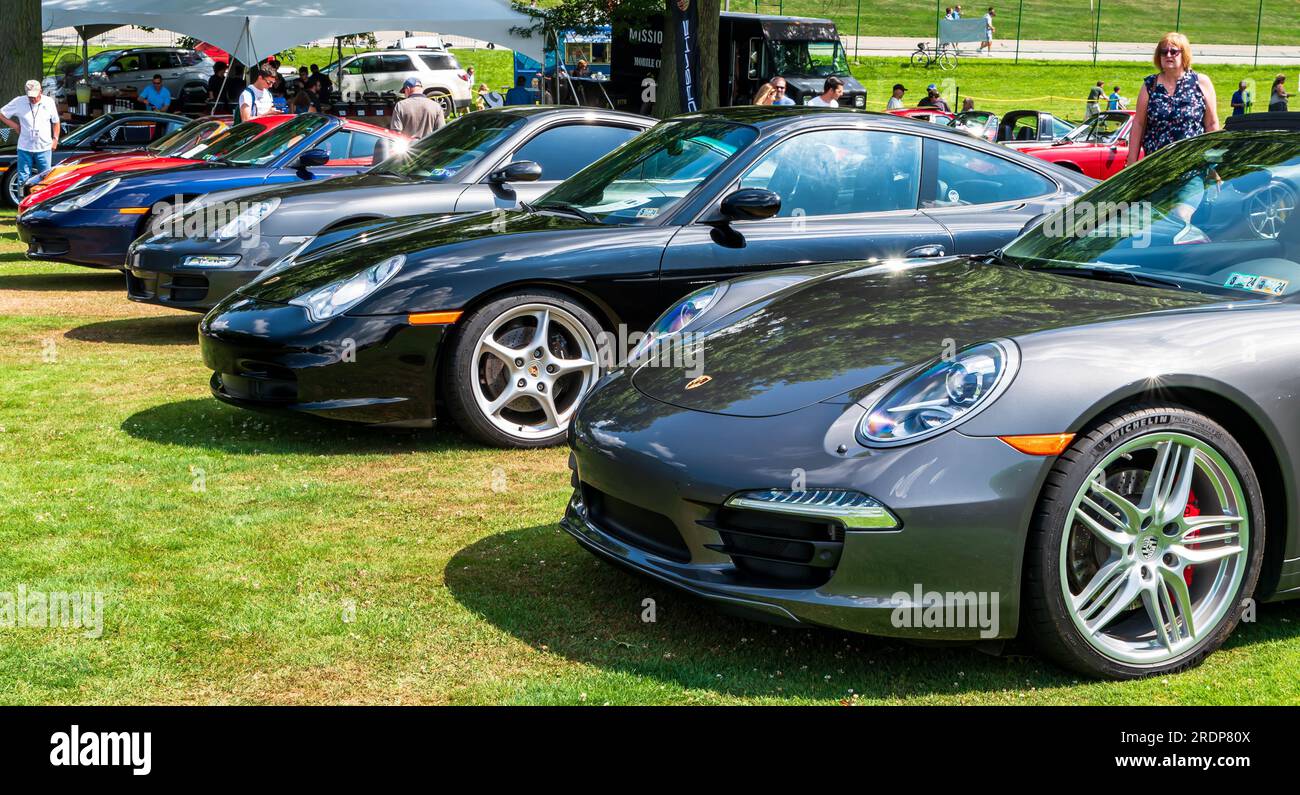 A line of Porsche cars on display at a car show in Pittsburgh ...