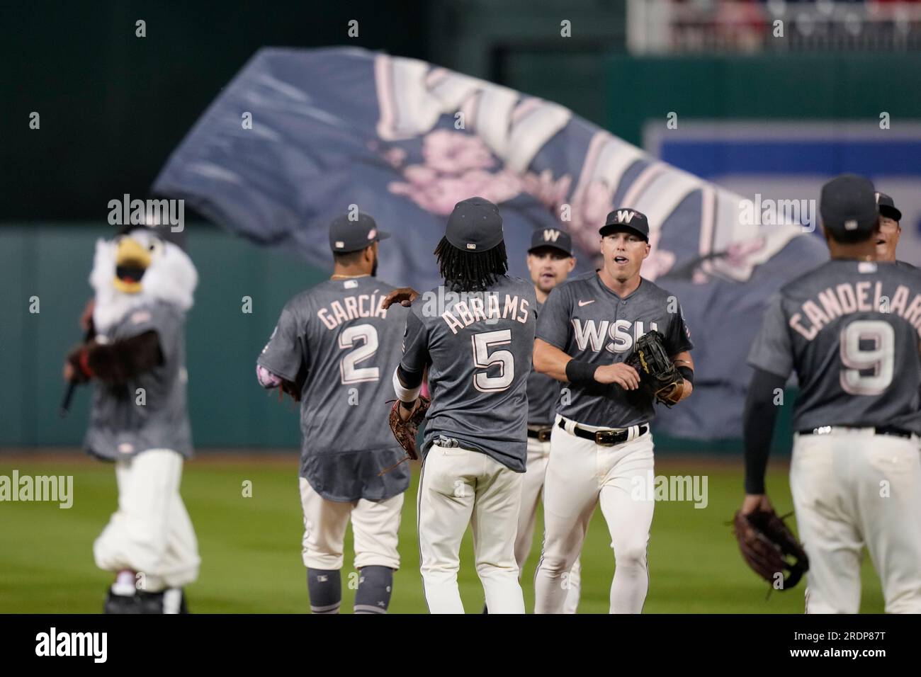 The Washington Nationals celebrate after a baseball game against the ...