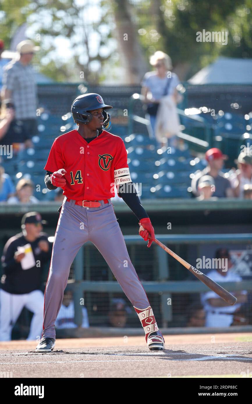 Alvin Guzman (14) of the Visalia Rawhide bats against the Inland Empire ...