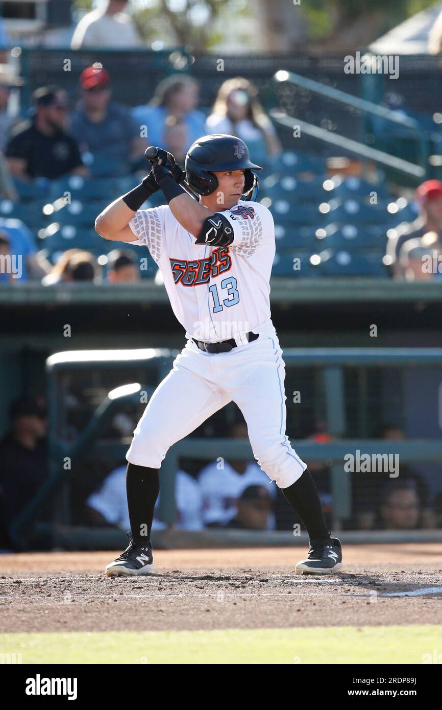 Mason Holt (13) of the Inland Empire 66ers bats against the Visalia ...