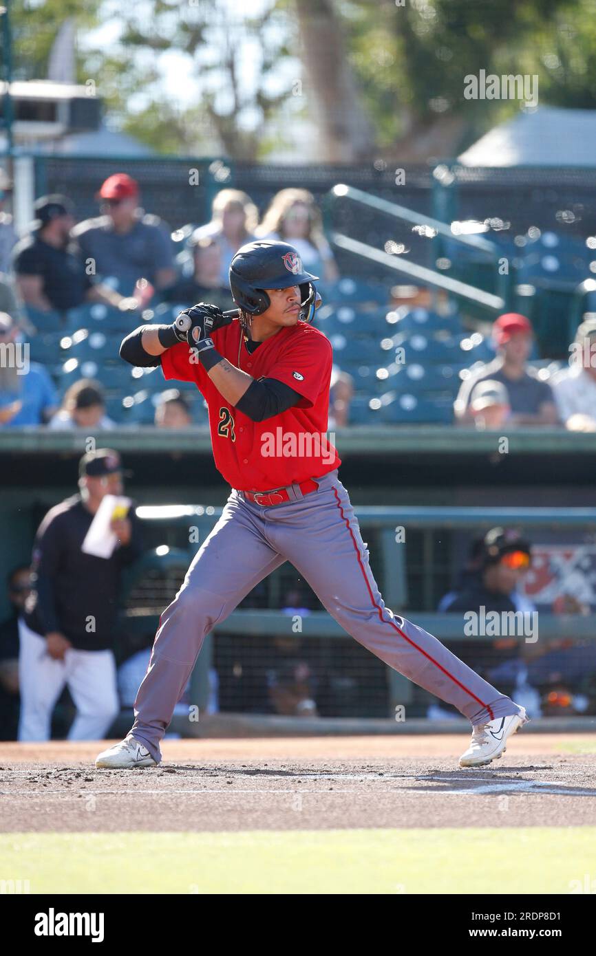 Christian Cerda (23) of the Visalia Rawhide bats against the Inland ...