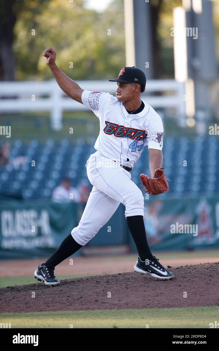 Joel Hurtado (44) of the Inland Empire 66ers pitches against the ...